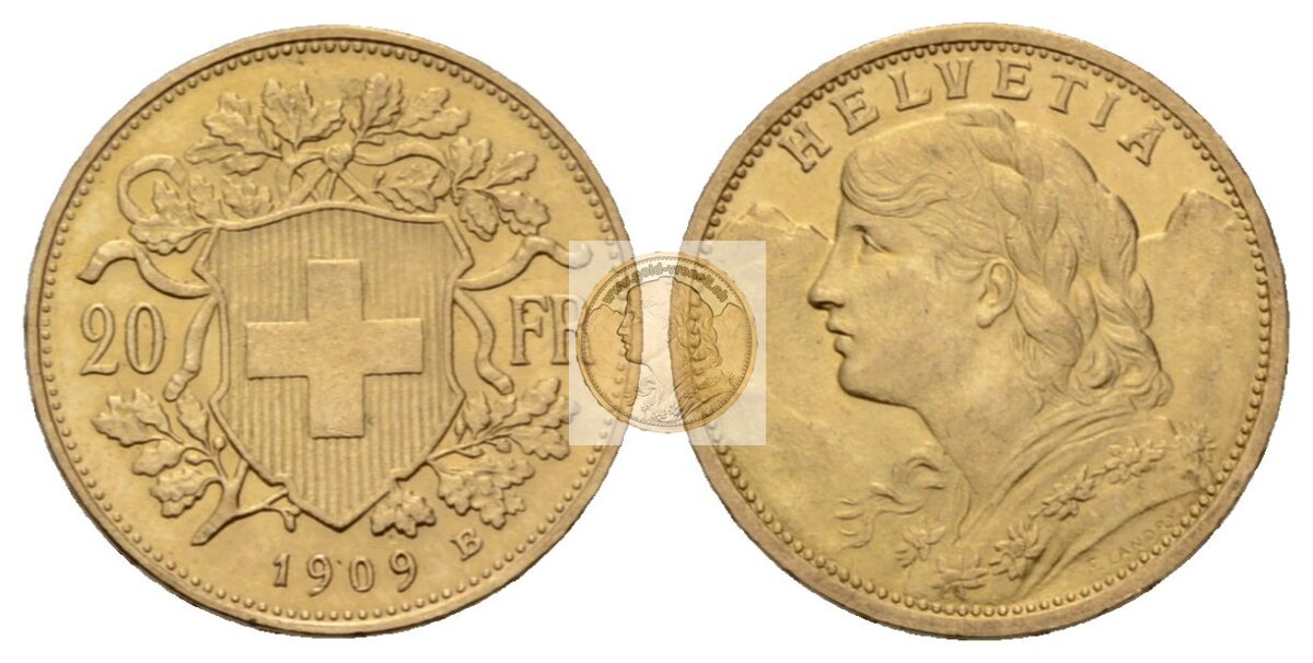 Schweiz 20 Franken 1909 B Goldvreneli, 717,60 CHF